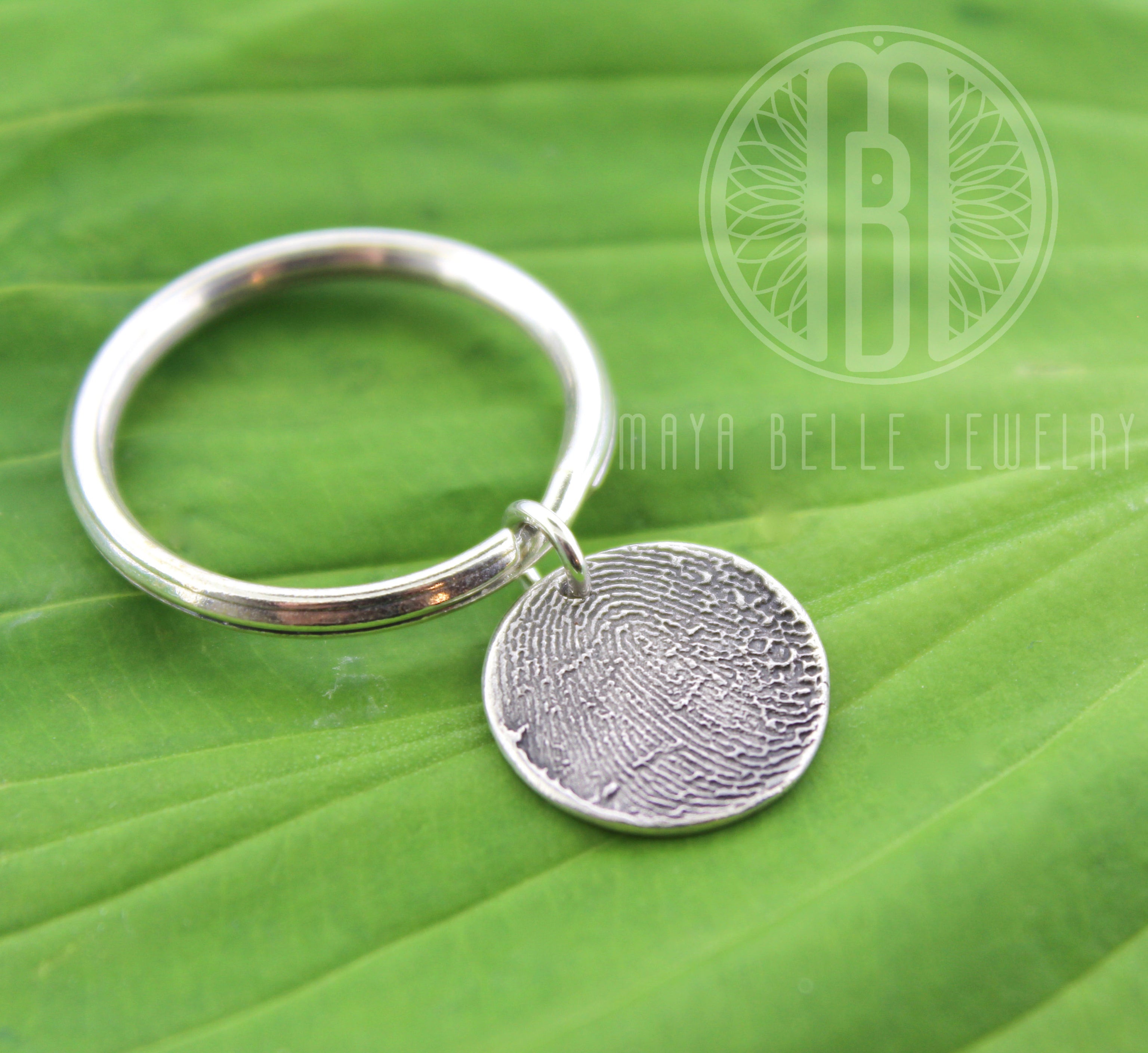 Silver Fingerprint Charm Keychain with Choice of Shape | Maya Belle Jewelry
