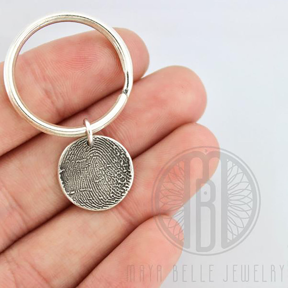 Silver Fingerprint Charm Keychain with Choice of Shape | Maya Belle Jewelry